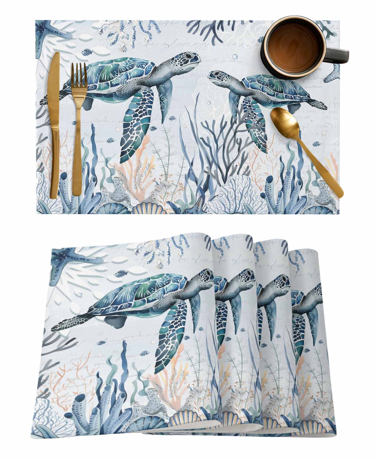 Sea Turtle Placemats Set of 4 Ocean Starfish Seagrass Coral Blue ...