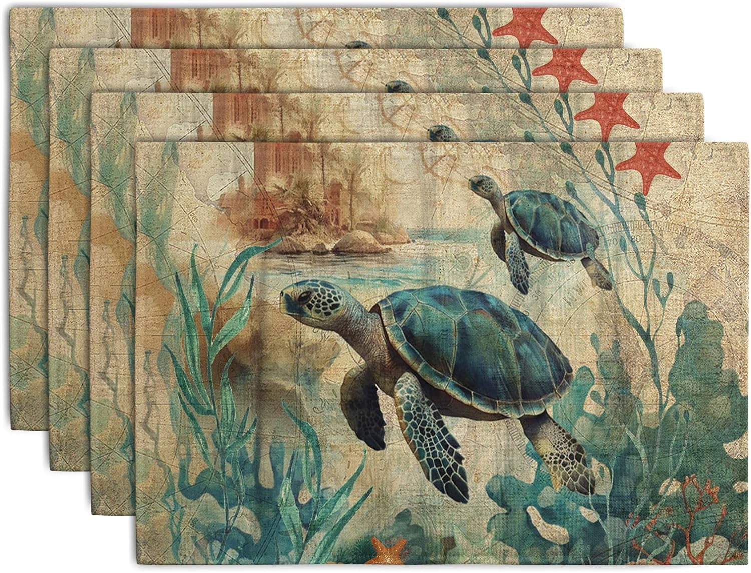 Sea Turtle Placemats Set of 4 Summer Beach Seasonal Linen Table Mats ...