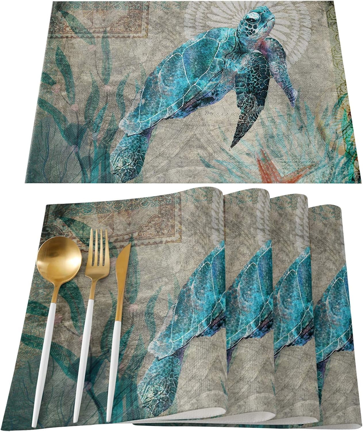 Sea Turtle Placemats Set of 4 Washable Retro Ocean Sea Turtle Theme ...