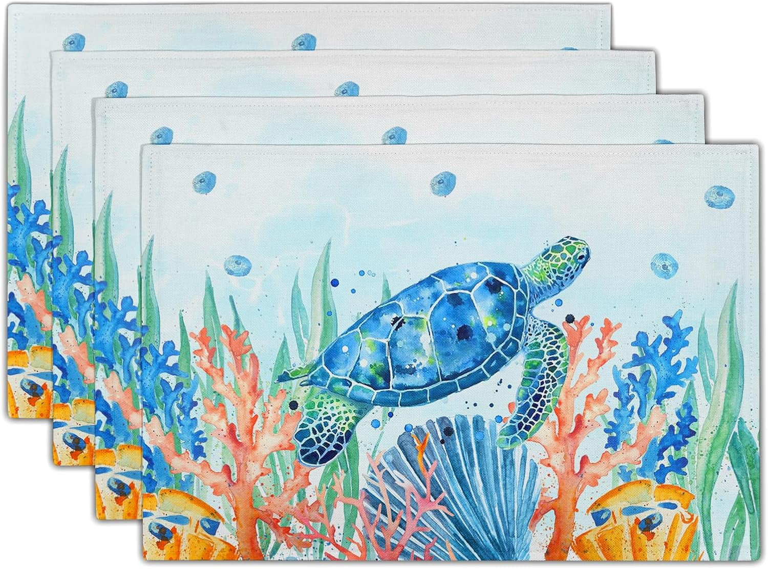 Sea Turtle Placemats Set of 4, Watercolor Blue Tortoise Place Mat 12x18 ...