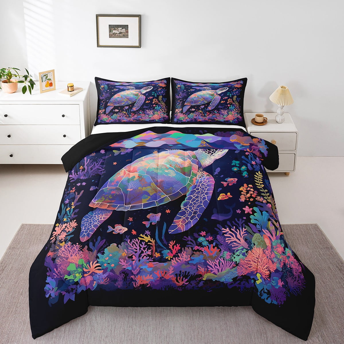 Sea Turtle Queen Bedding Set,Colorful Coral Fish Turtle Comforter Set ...