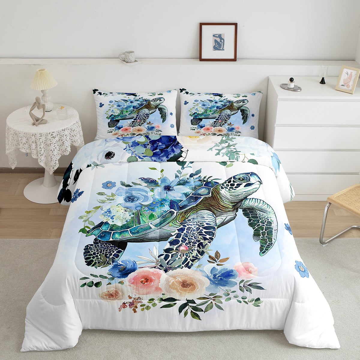 Sea Turtle Queen Comforter Set Boho Floral Bedding Set,Cute Nautical ...