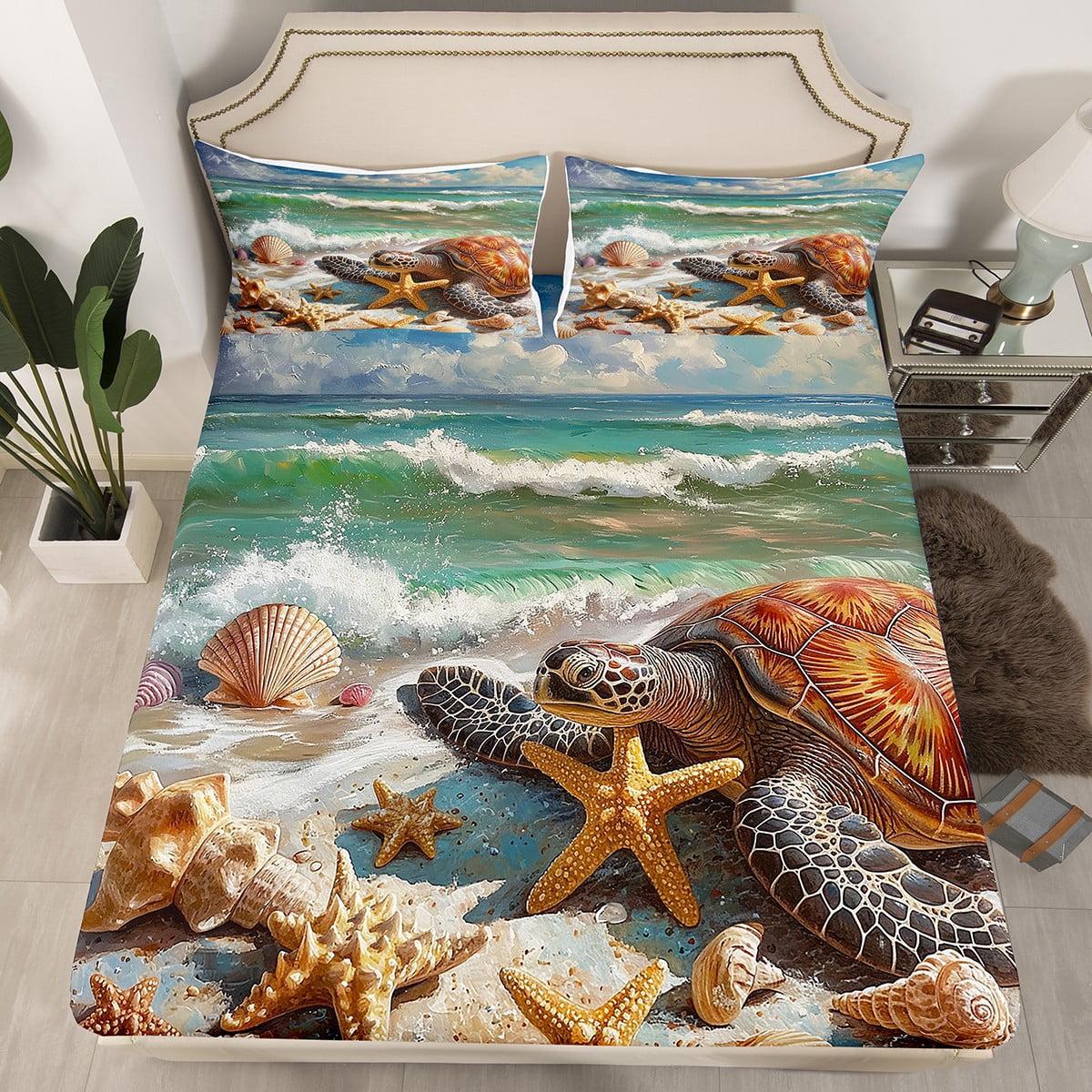 Sea Turtle Queen Fitted Sheet,Coastal Beach Turtle Bedding Set for Kids ...