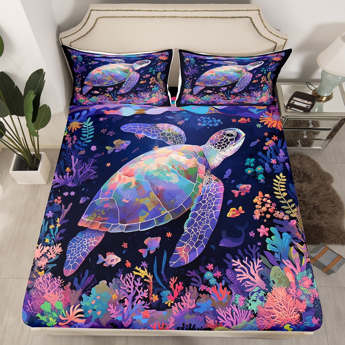 Sea Turtle Queen Fitted Sheet,Colorful Coral Fish Turtle Bedding Set ...
