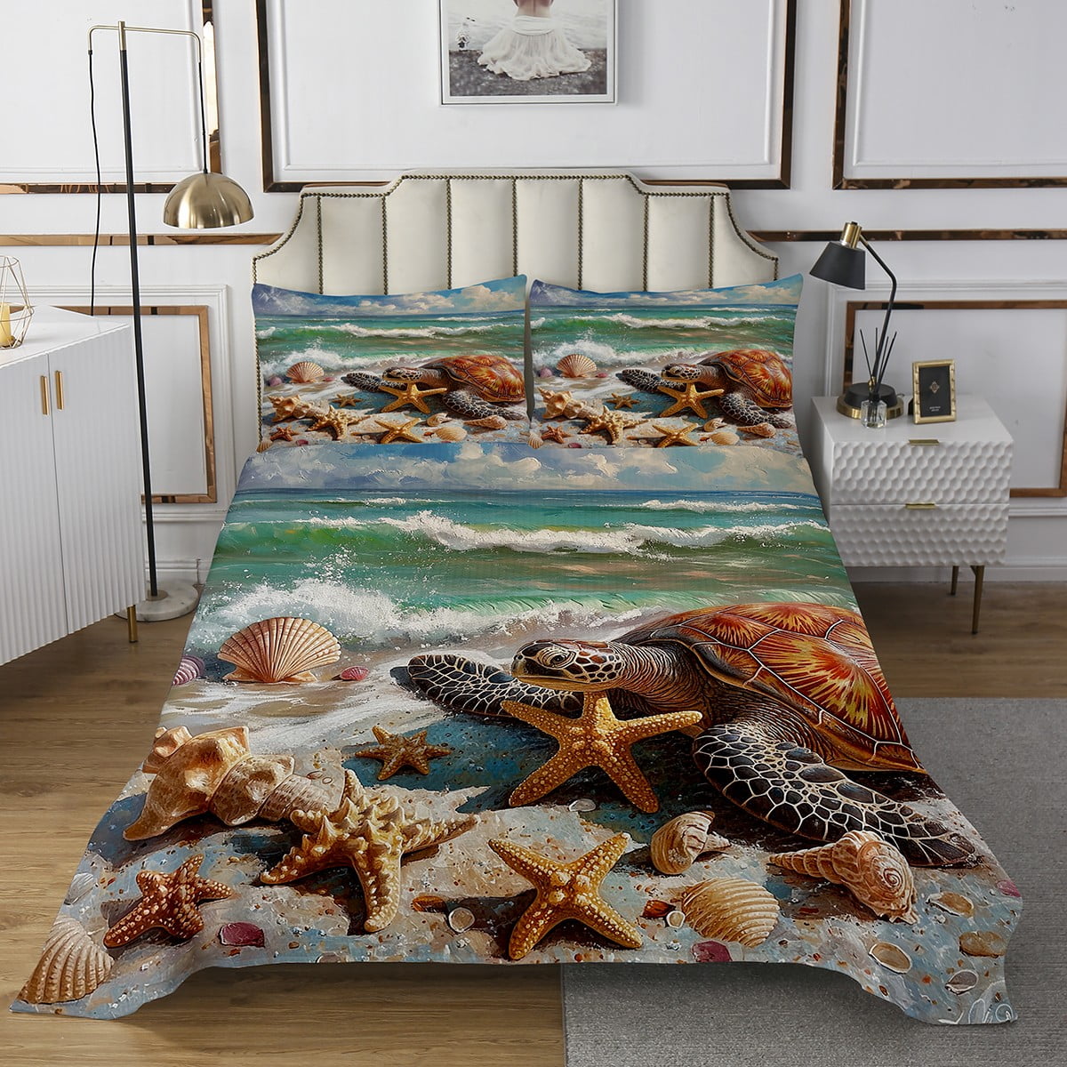 Sea Turtle Queen Quilt Set,Coastal Beach Turtle Bedding Set for Kids ...