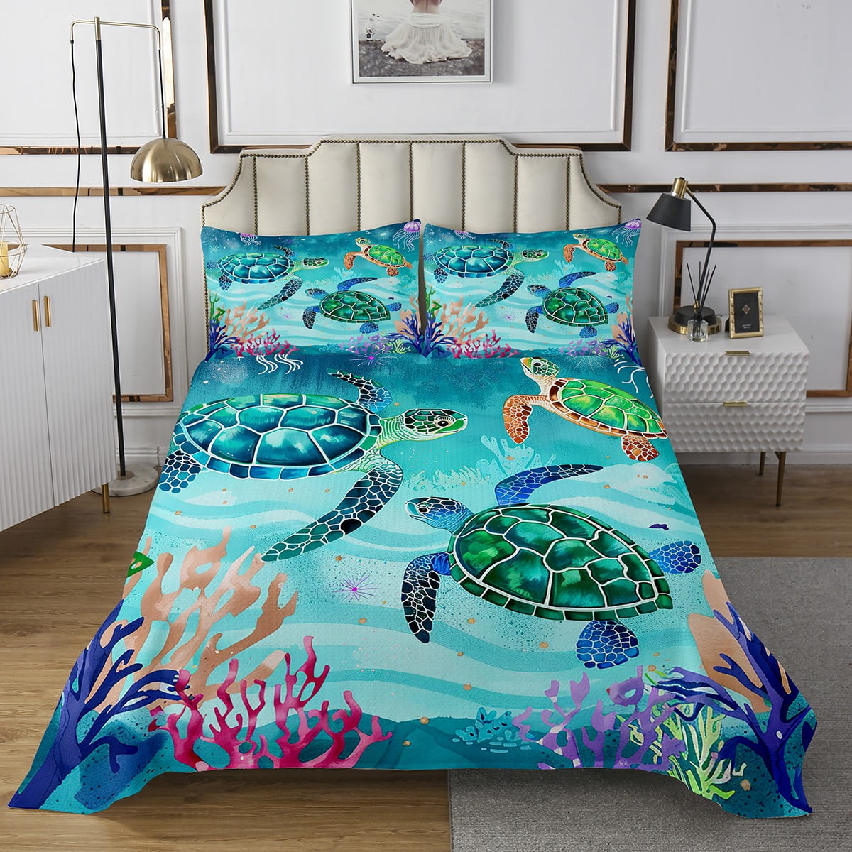 Sea Turtle Quilt Set Coastal Bedspread Set Queen,Nautical Sea Animal ...