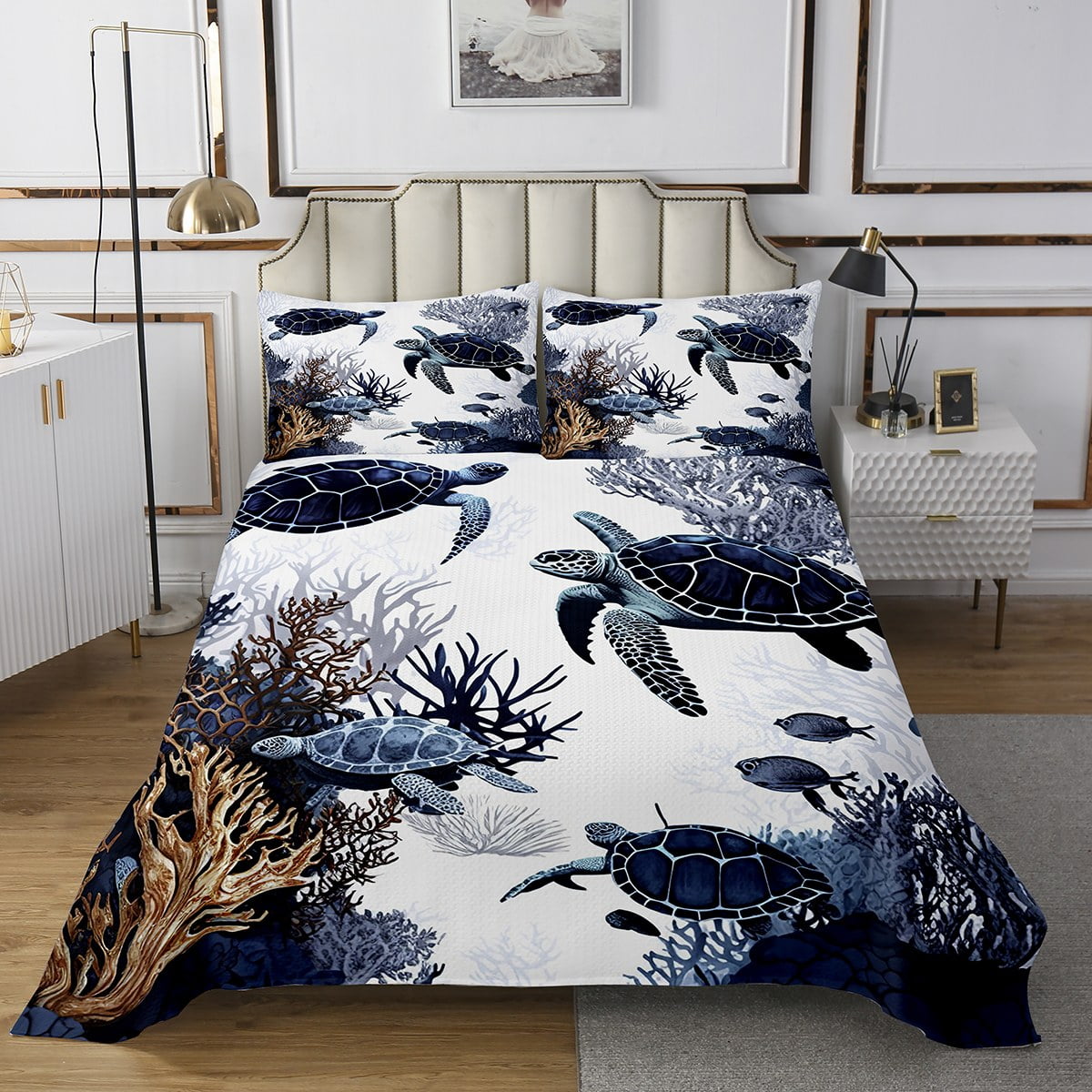 Sea Turtle Quilt Set King Size Turtle Print Ocean Themed Coverlet Set ...