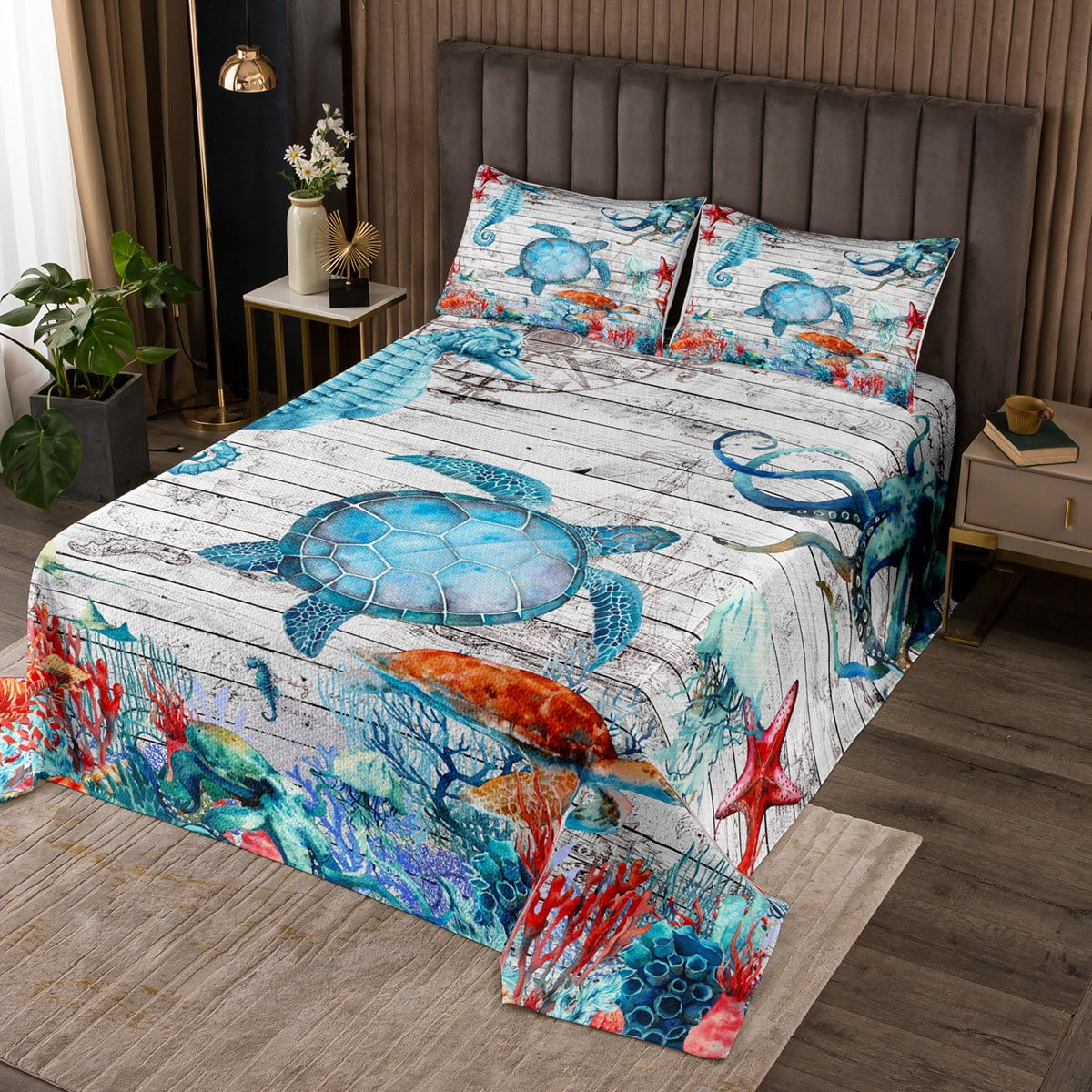 Sea Turtle Quilt Set Seahorse Octopus Tentacles Twin Bedspread Set ...