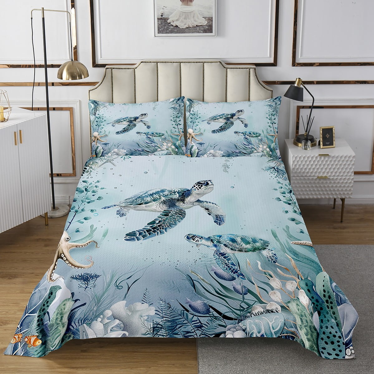 Sea Turtle Quilt Set Teal Blue Ocean Beach Coastal Queen Bedspread Set ...