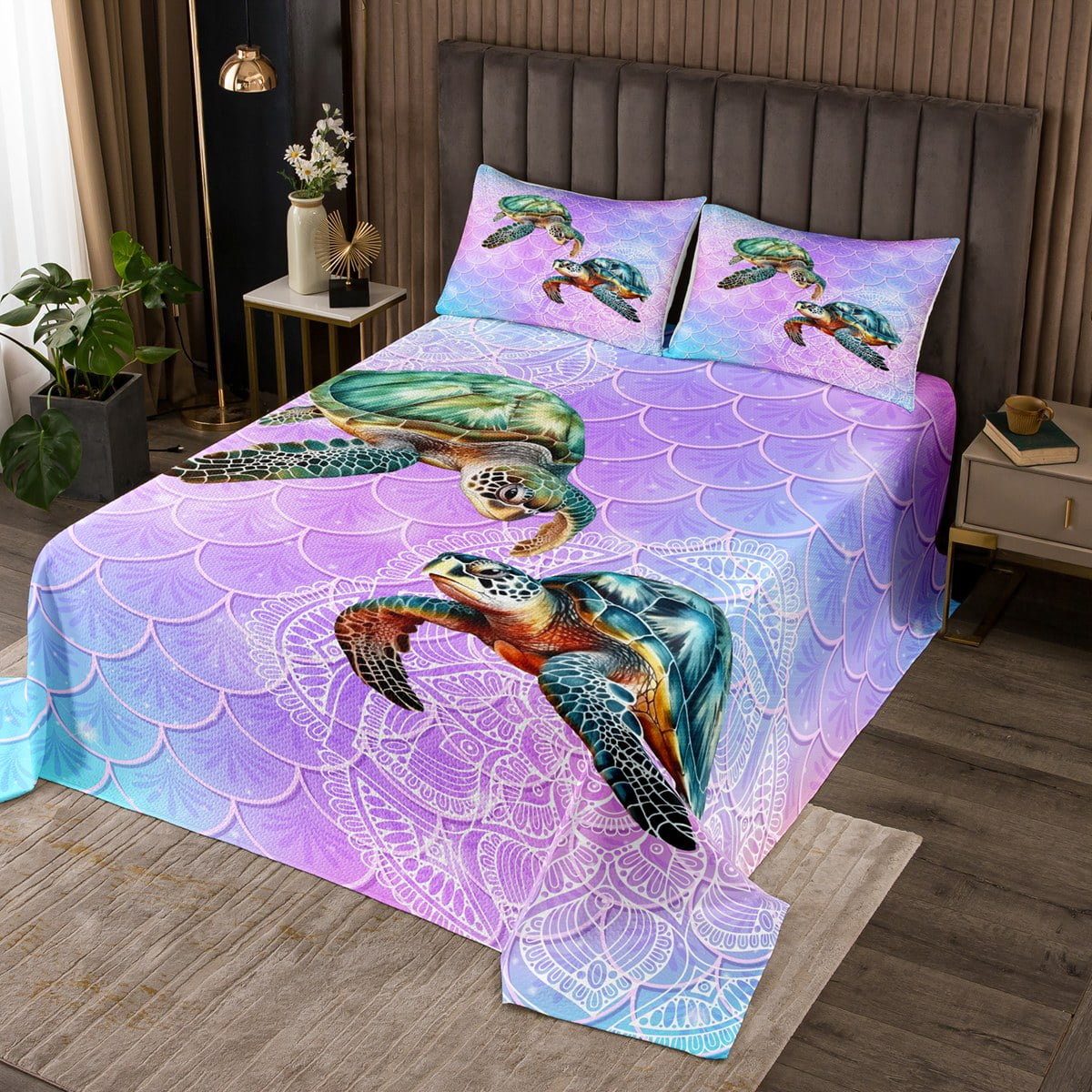 Sea Turtle Quilt Set Twin Ocean Tortoise Bedspread Set,Pastel Pink ...