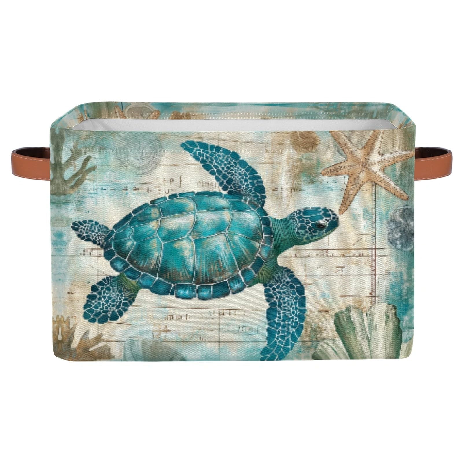 Sea Turtle Retro Map Storage Basket Bin Nautical Ocean Starfish Large ...