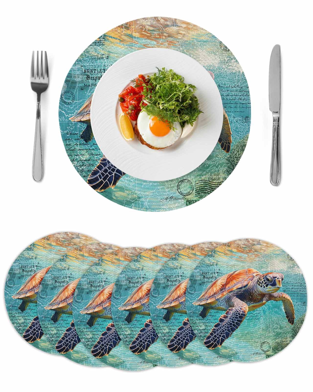 Sea Turtle Round 13 Inch Placemats Set of 6, Coastal Nautical Ocean ...
