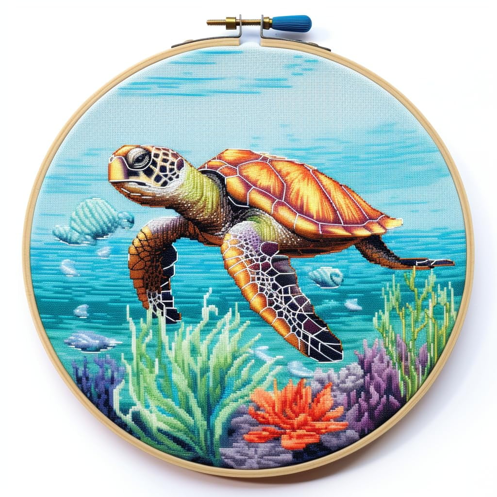 Sea Turtle Round Shape Stamped Cross Stitch Kits for Beginners Easy ...