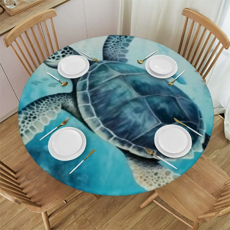 Sea Turtle Round Tablecloth with Elastic, Coral Shell Waterproof Fitted ...