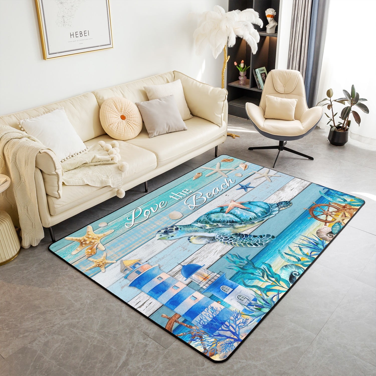 Sea Turtle Rug ,Summer Ocean Beach Area Rug,Sea Lighthouse Indoor Floor ...