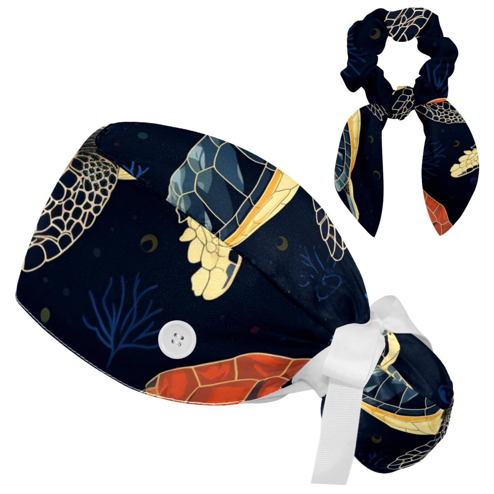 Sea Turtle Scrub Cap with Scrunchy and Buttons for Long Hair ...