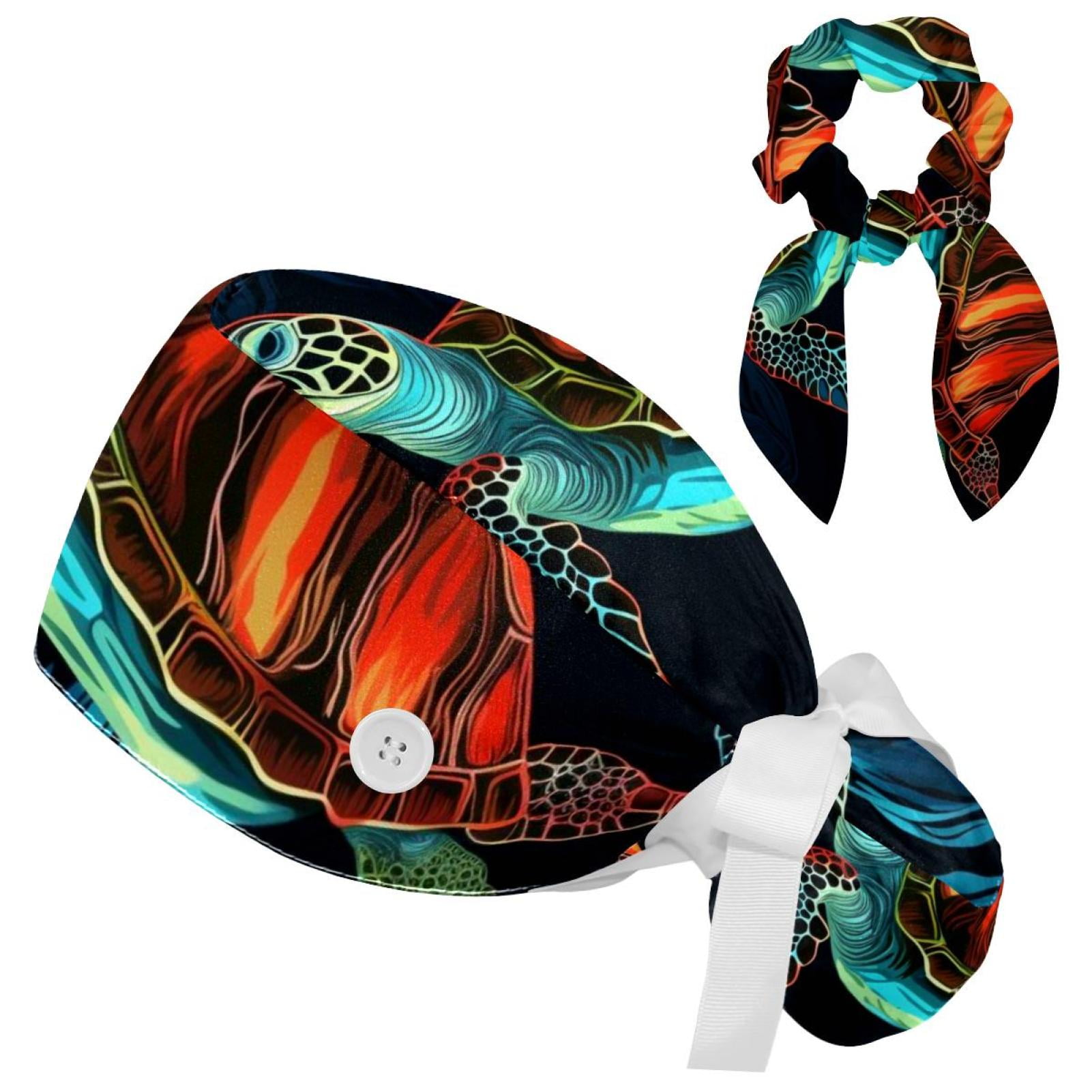 Sea Turtle Scrub Cap with Scrunchy and Buttons for Long Hair ...