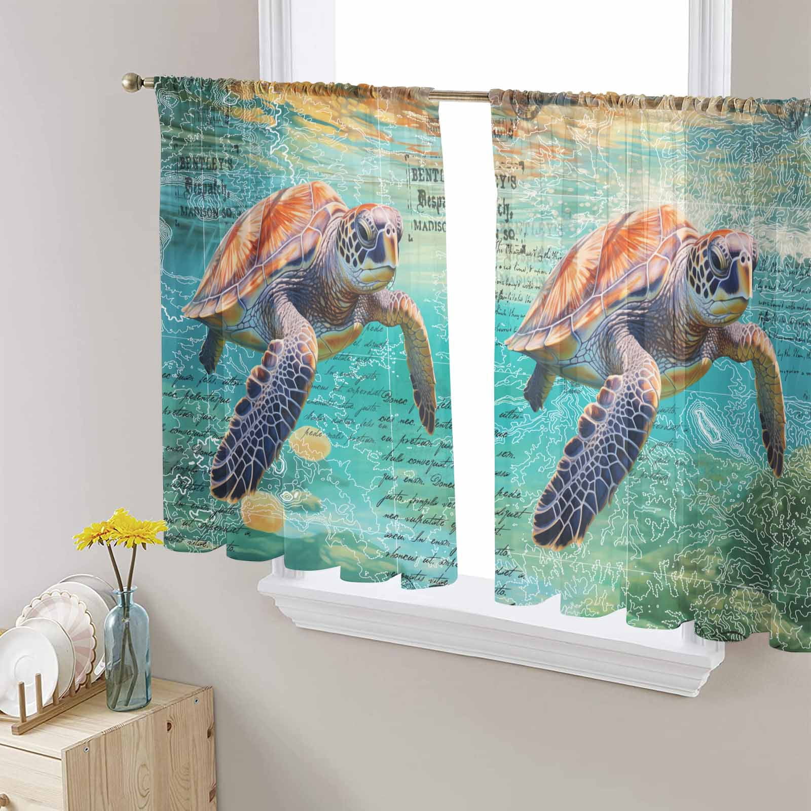 Sea Turtle Semi Sheer Curtains 54 Inch Length 2 Panels Set, Coastal ...