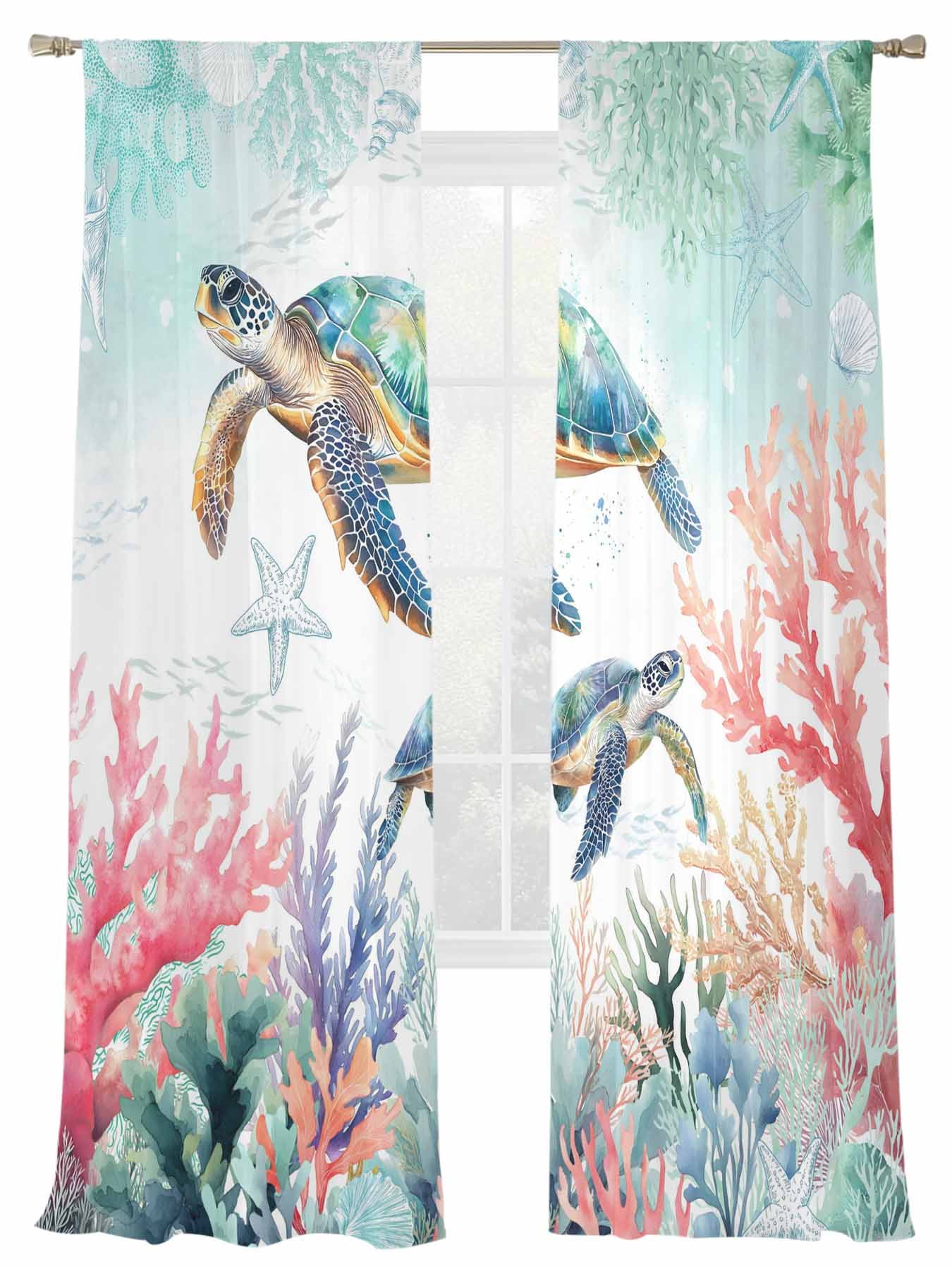 Sea Turtle Sheer Curtains 108 Inch Long 2 Panels, Coral Starfish Marine ...