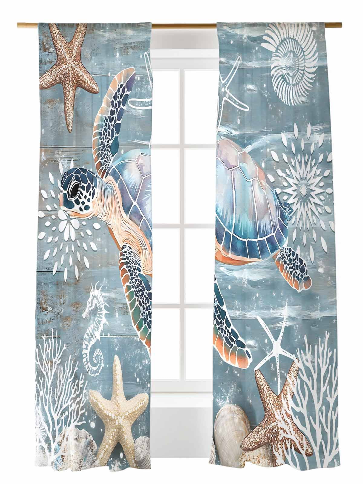 Sea Turtle Sheer Curtains 2 Panels Set Coral Starfish Coral Marine Life ...