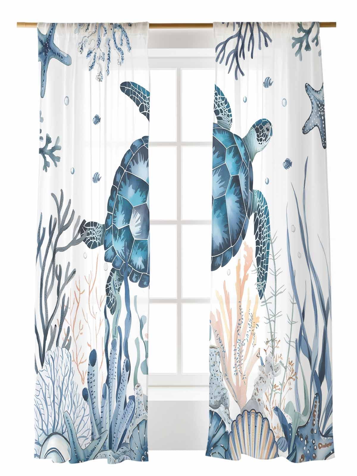 Sea Turtle Sheer Curtains 2 Panels Set Ocean Coral Starfish Seagrass ...