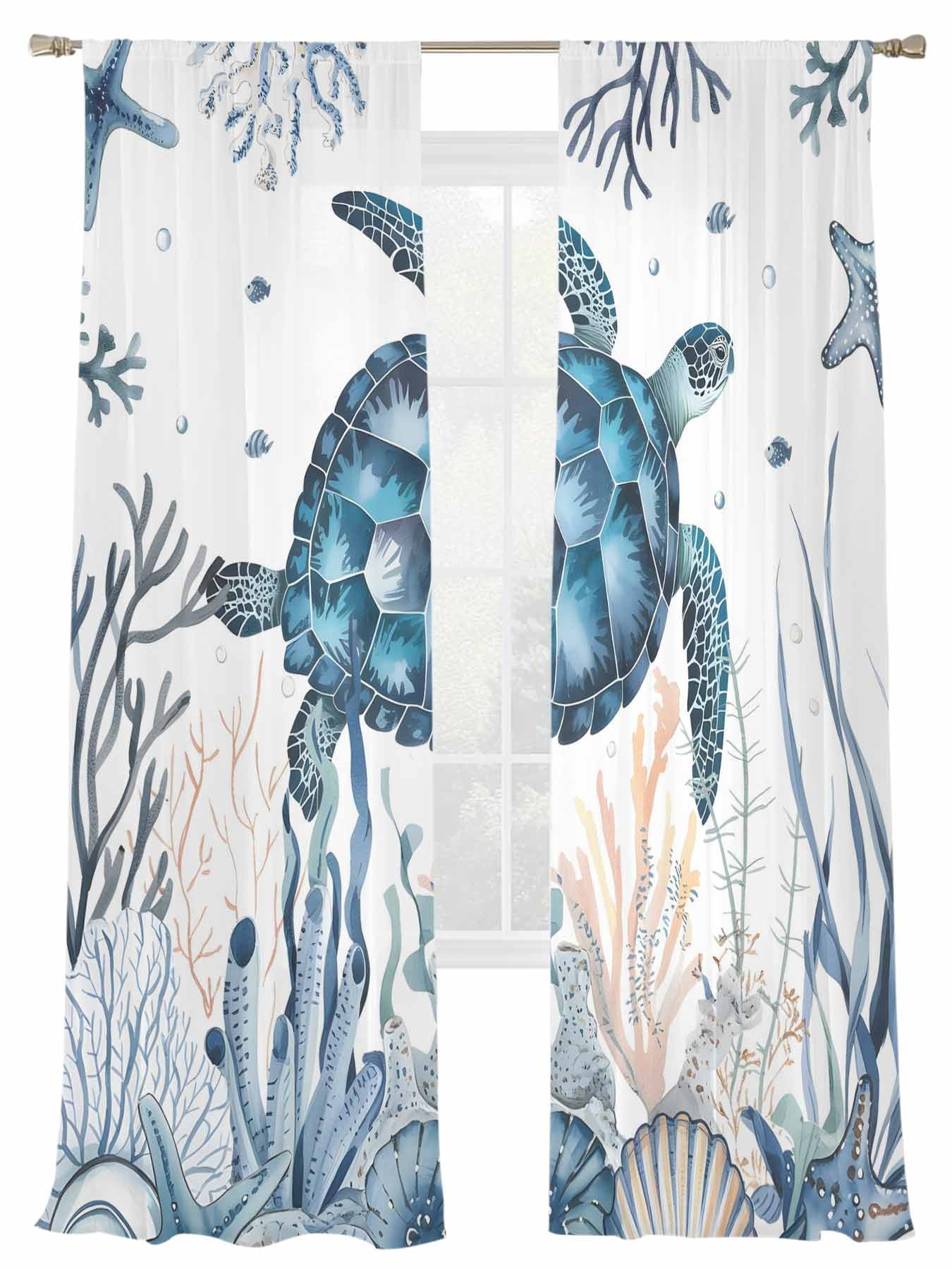 Sea Turtle Sheer Curtains 2 Panels Set Ocean Coral Starfish Seagrass ...