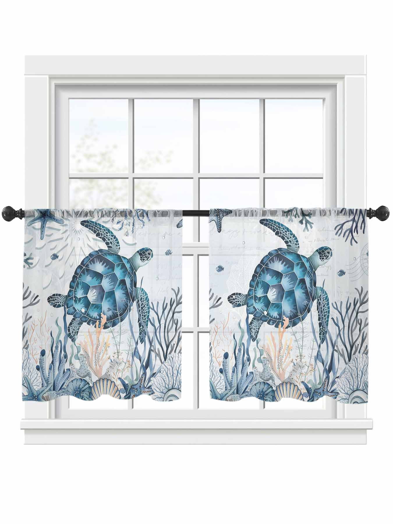 Sea Turtle Sheer Curtains 2 Panels Set Ocean Coral Starfish Seagrass ...
