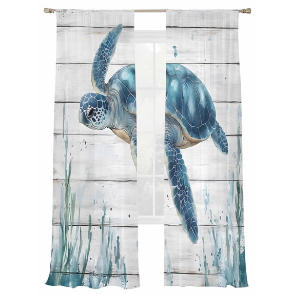 Sea Turtle Sheer Curtains 2 Panels Set Ocean Seaweed Sheer Window ...