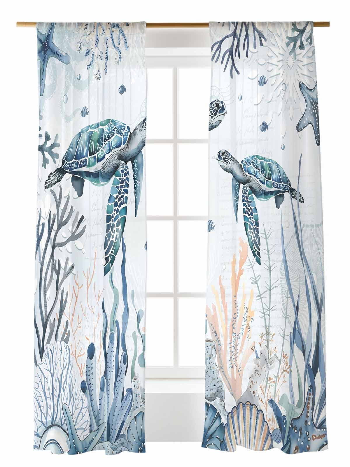 Sea Turtle Sheer Curtains 2 Panels Set Ocean Starfish Seagrass Coral ...