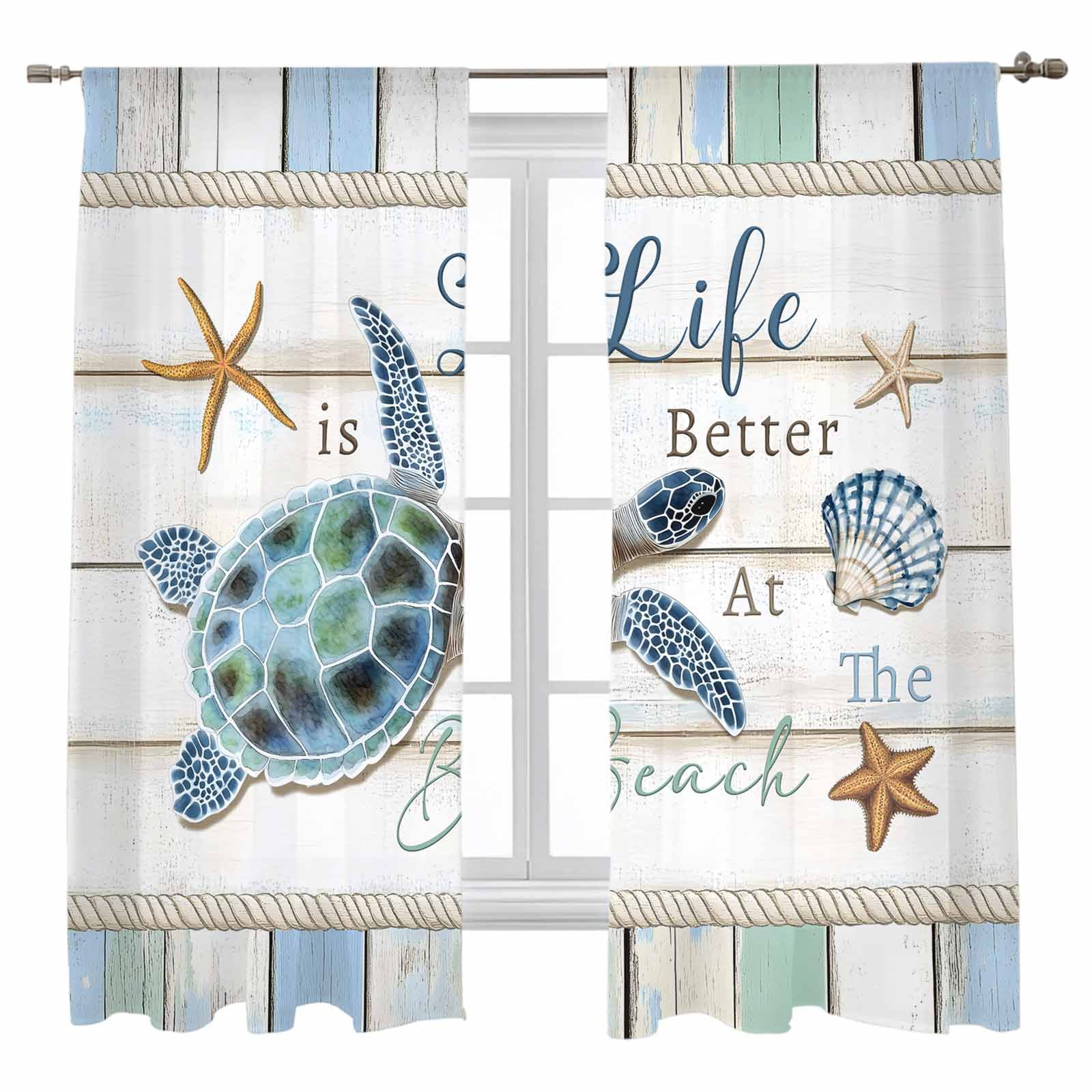 Sea Turtle Sheer Curtains 2 Panels Set, Ocean Starfish Shell Window ...