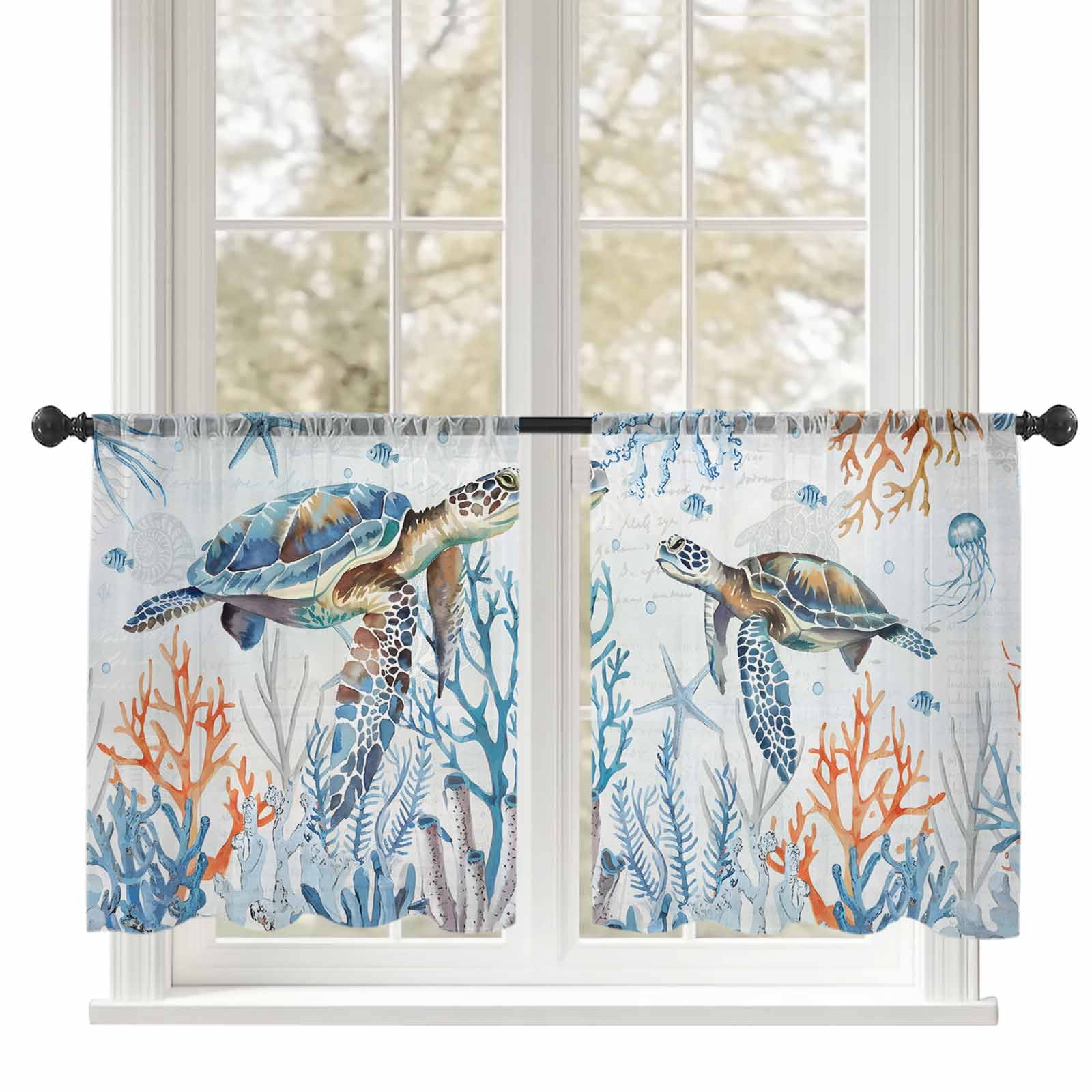 Sea Turtle Sheer Curtains 2 Panels Set, Seagrass Coral Starfish Window ...