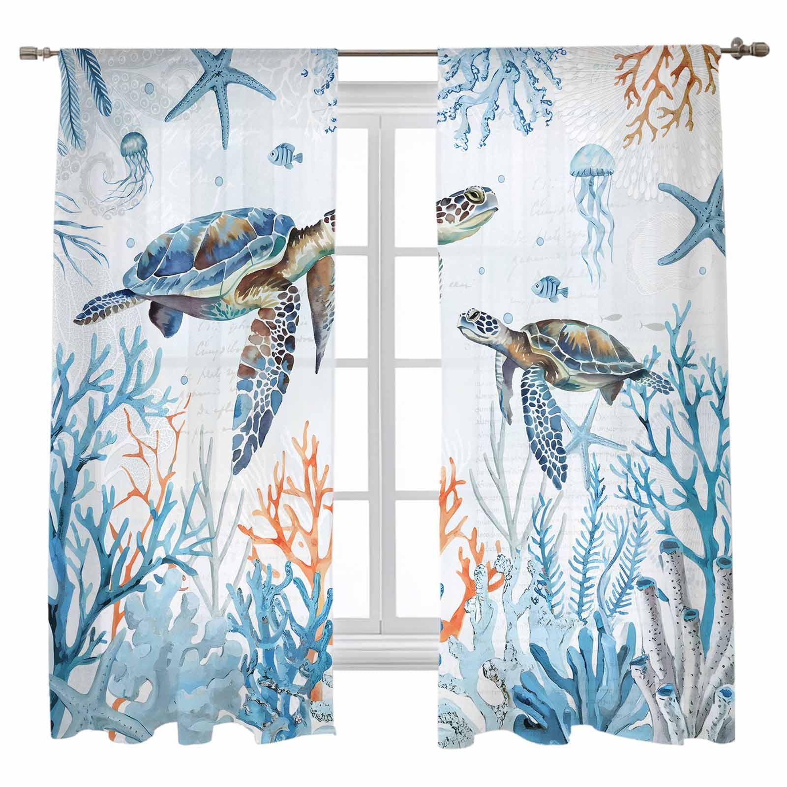 Sea Turtle Sheer Curtains 2 Panels Set, Seagrass Coral Starfish Window ...