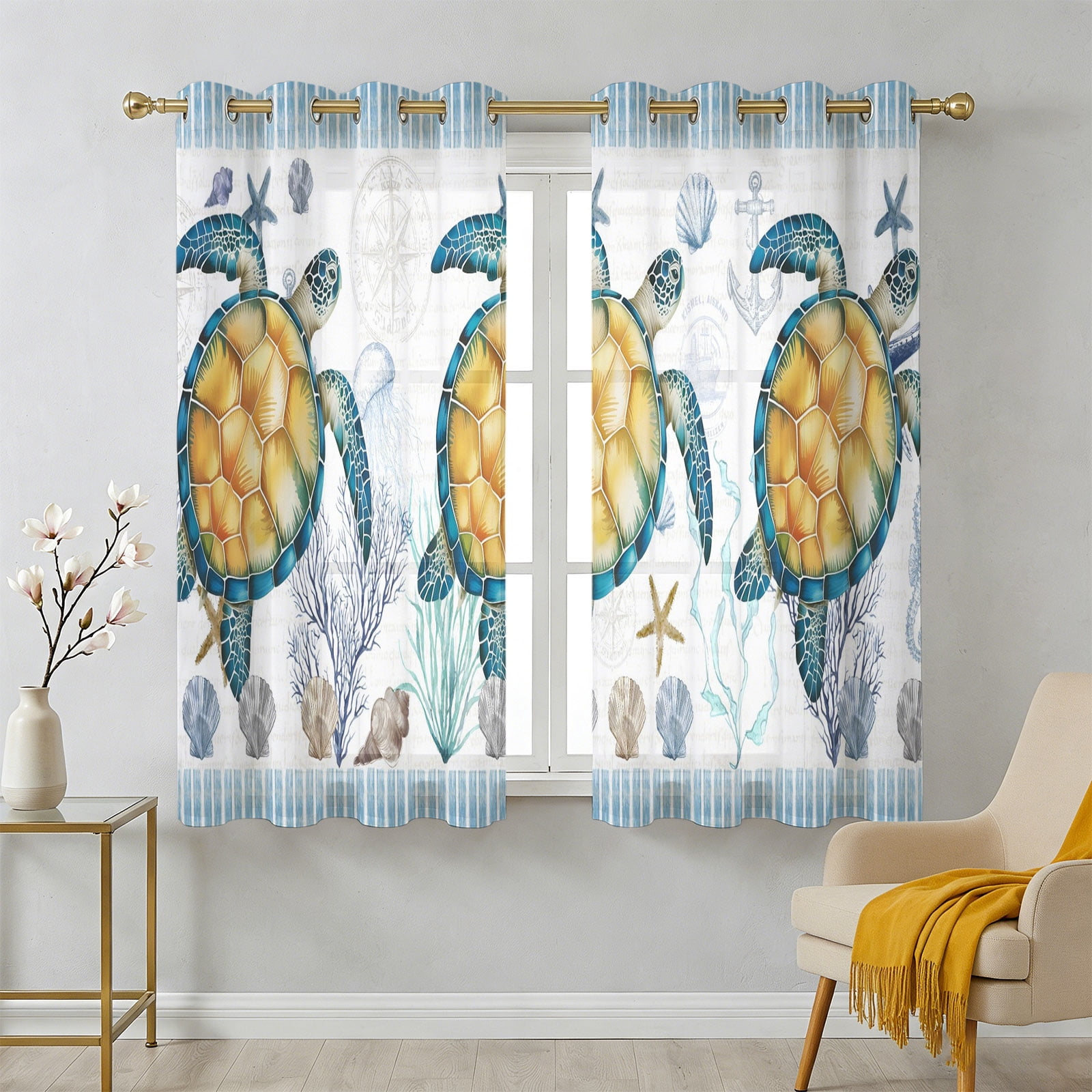Sea Turtle Sheer Curtains 45 Inch Long 2 Panels, Ocean Watercolor Blue ...