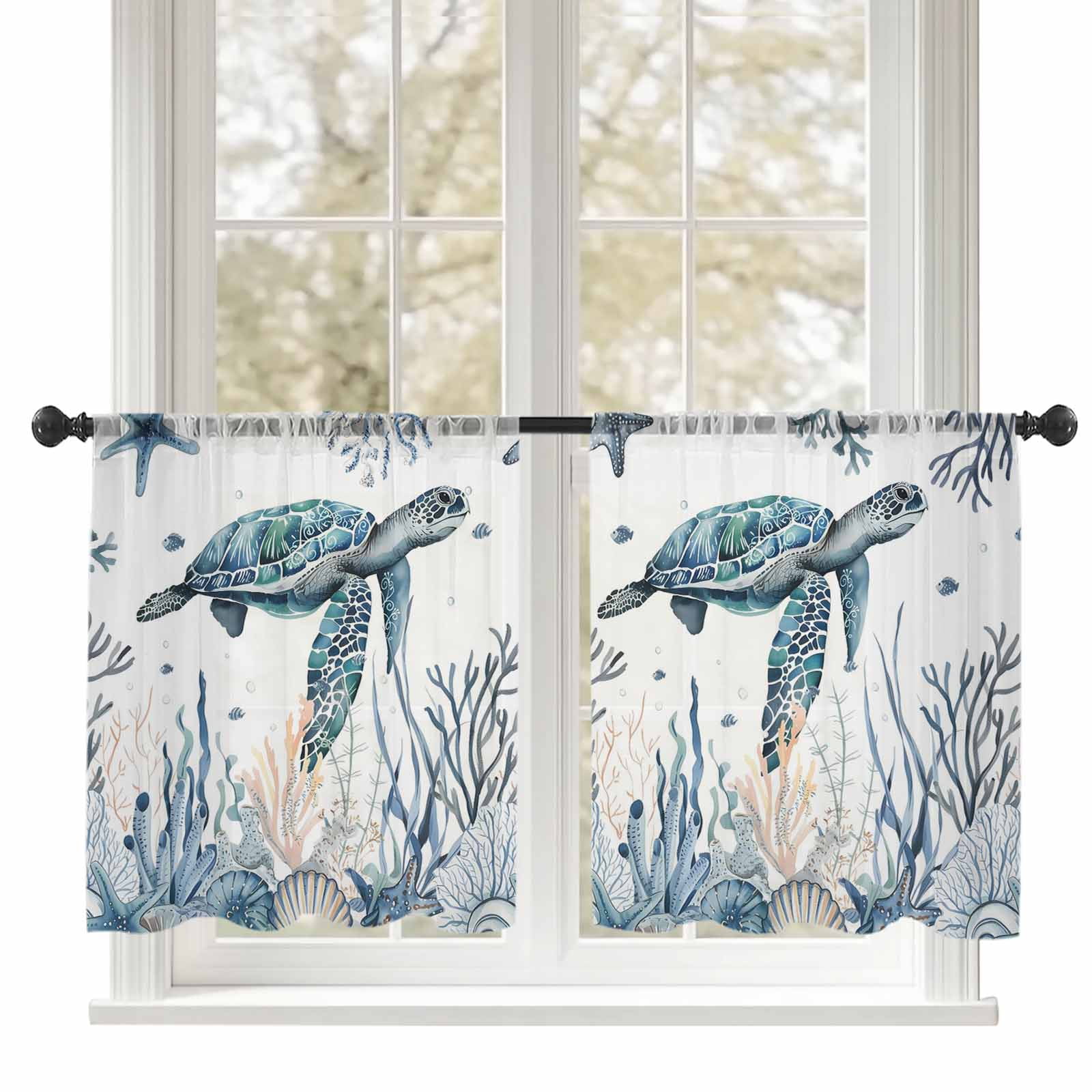Sea Turtle Sheer Curtains 45 inches Long, Starfish Coral Seagrass Blue ...