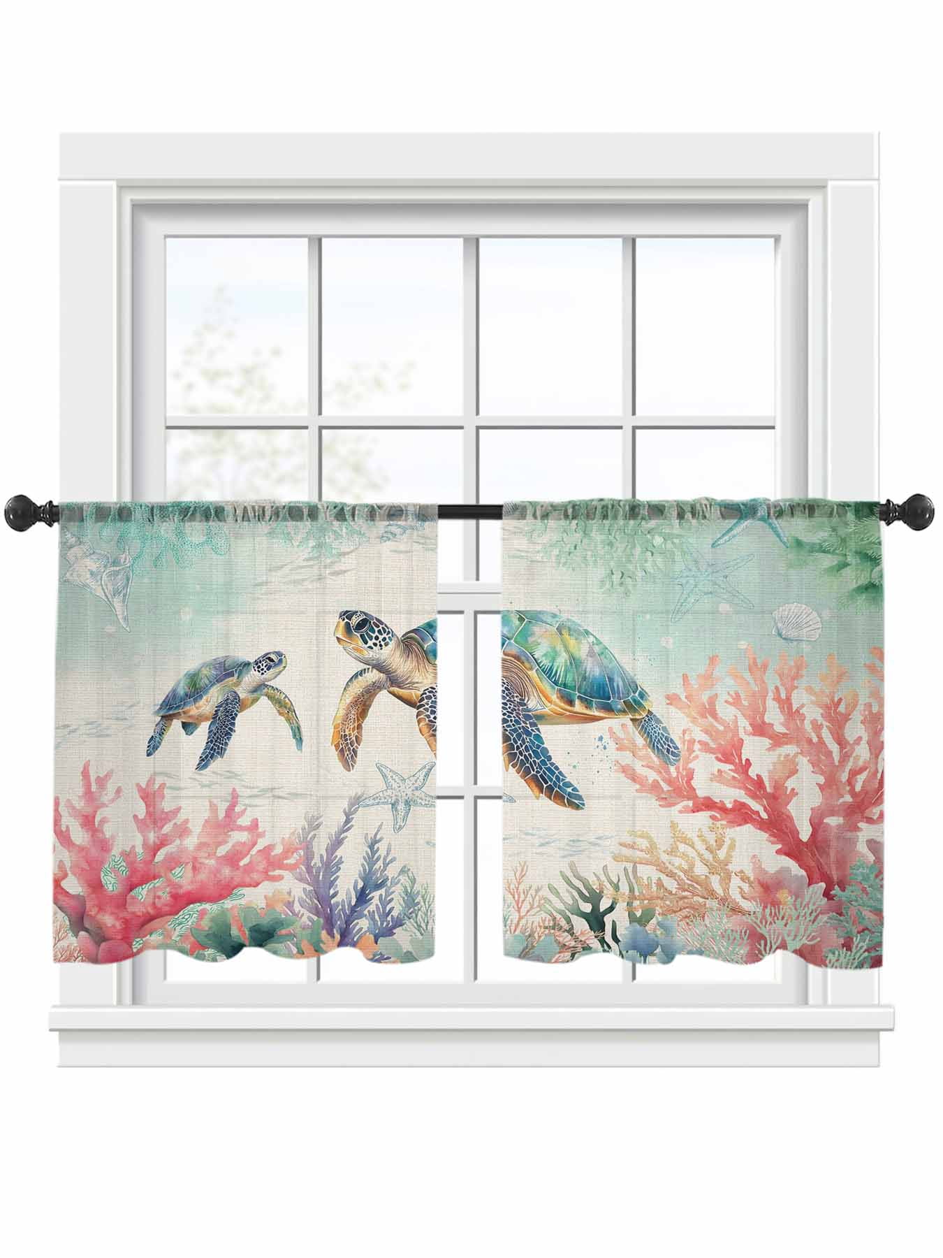 Sea Turtle Sheer Curtains 54 Inch Long 2 Panels, Coral Starfish Marine ...