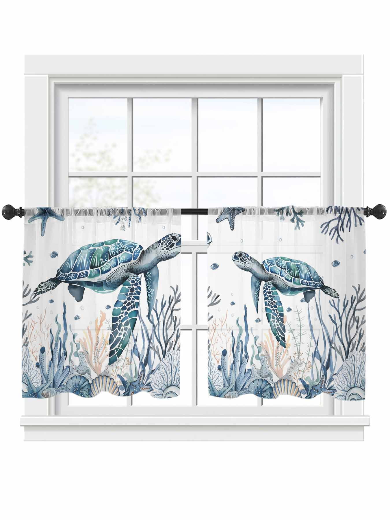 Sea Turtle Sheer Curtains 54 Inch Long 2 Panels, Starfish Seagrass ...