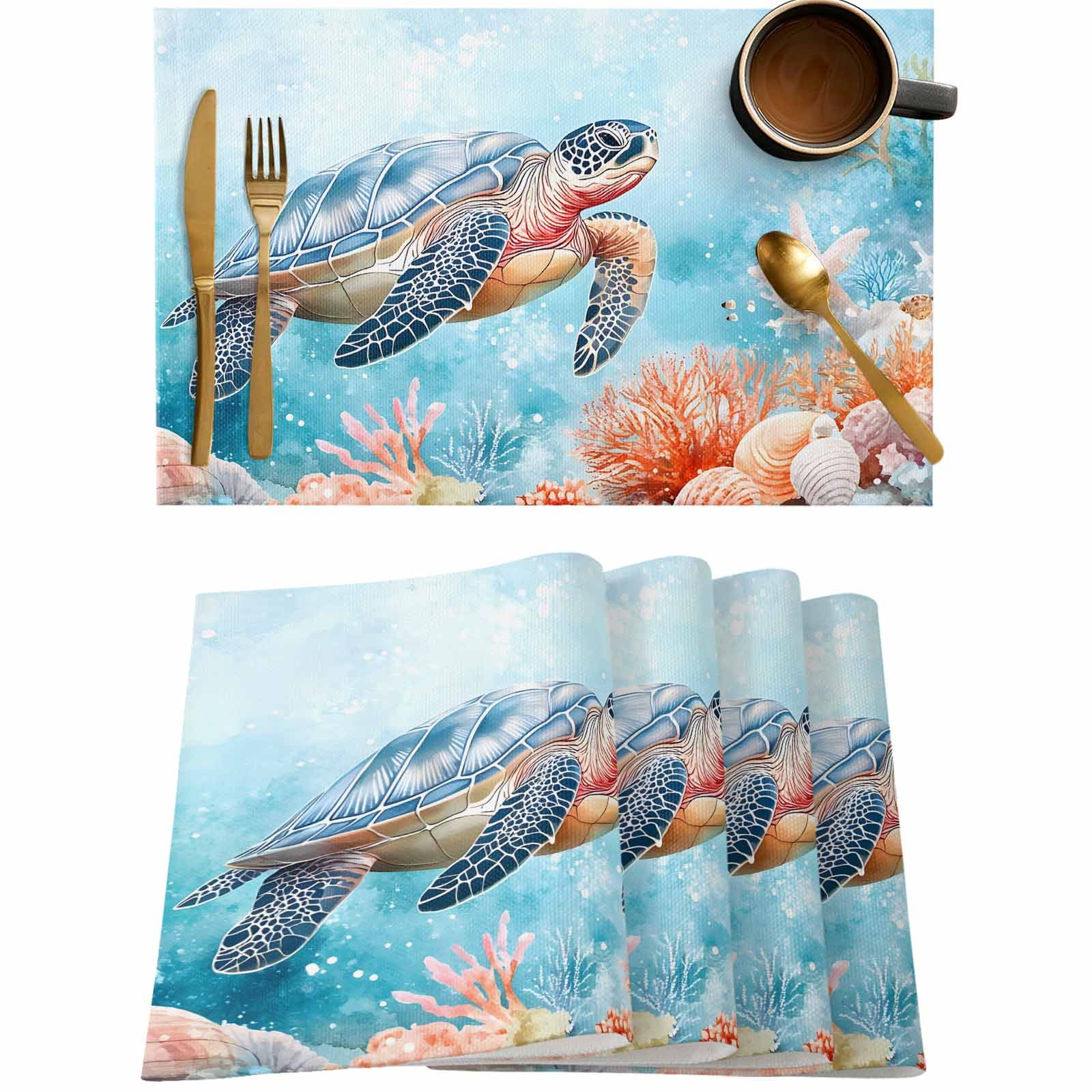 Sea Turtle Shell Starfish Coral Placemats Set of 4,Wipeable Washable ...