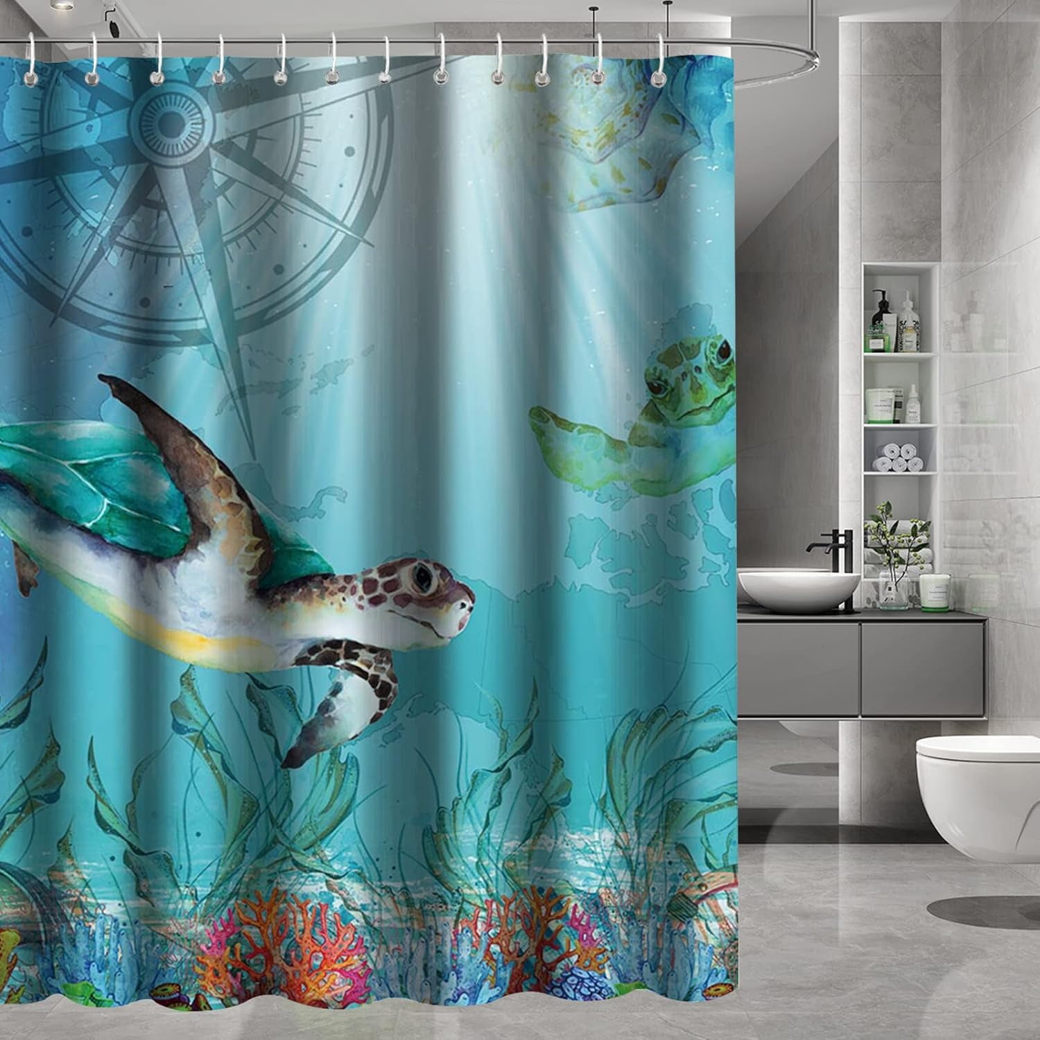 Sea Turtle Shower Curtain for Bathroom Ocean Compass Shower Curtains ...