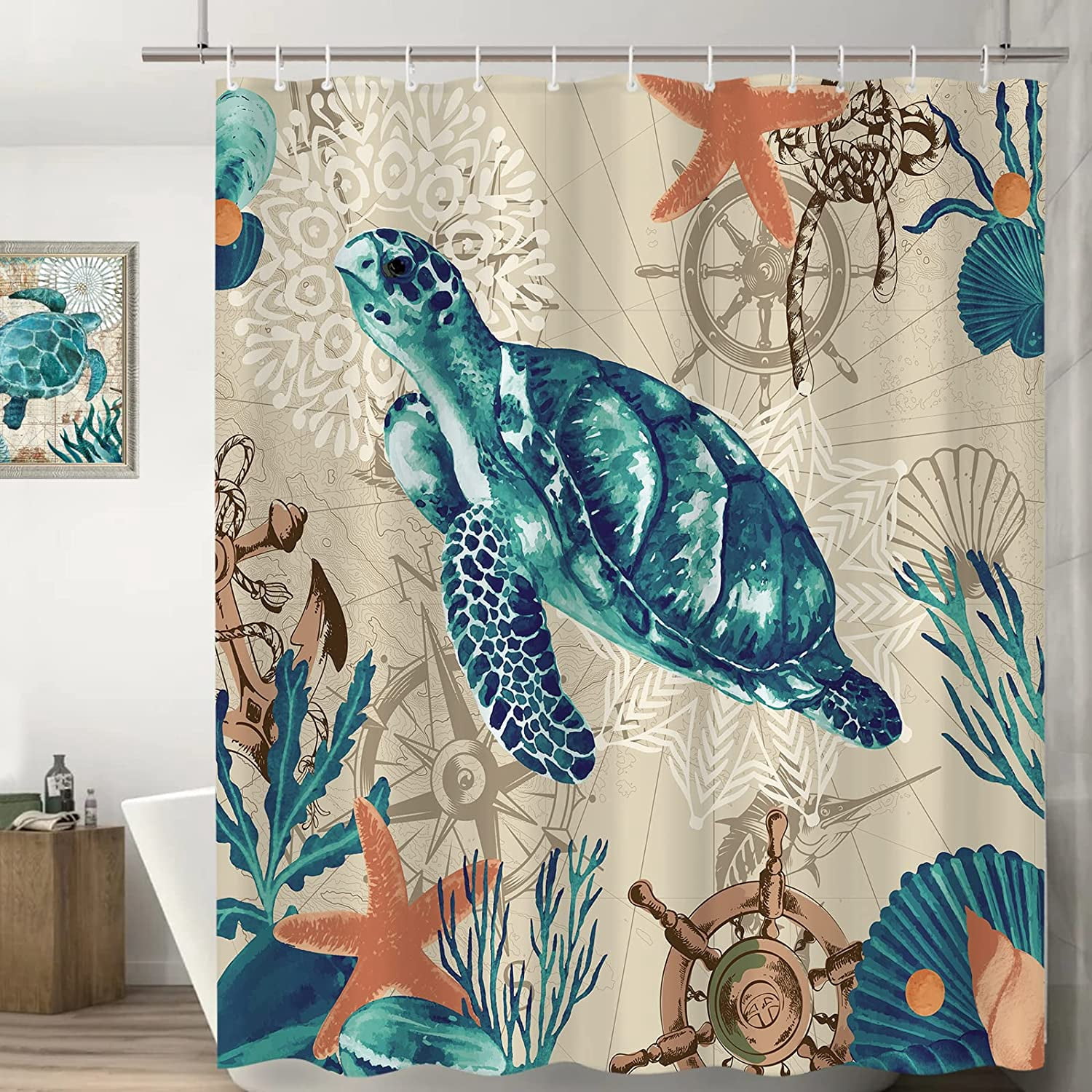 Sea Turtle Shower Curtain, Beach Theme Nautical Shower Curtain Blue ...