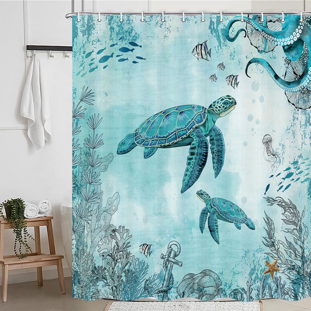 Drgilau Sea Turtle Shower Curtain, Blue Teal Nautical Ocean, 70X70in ...