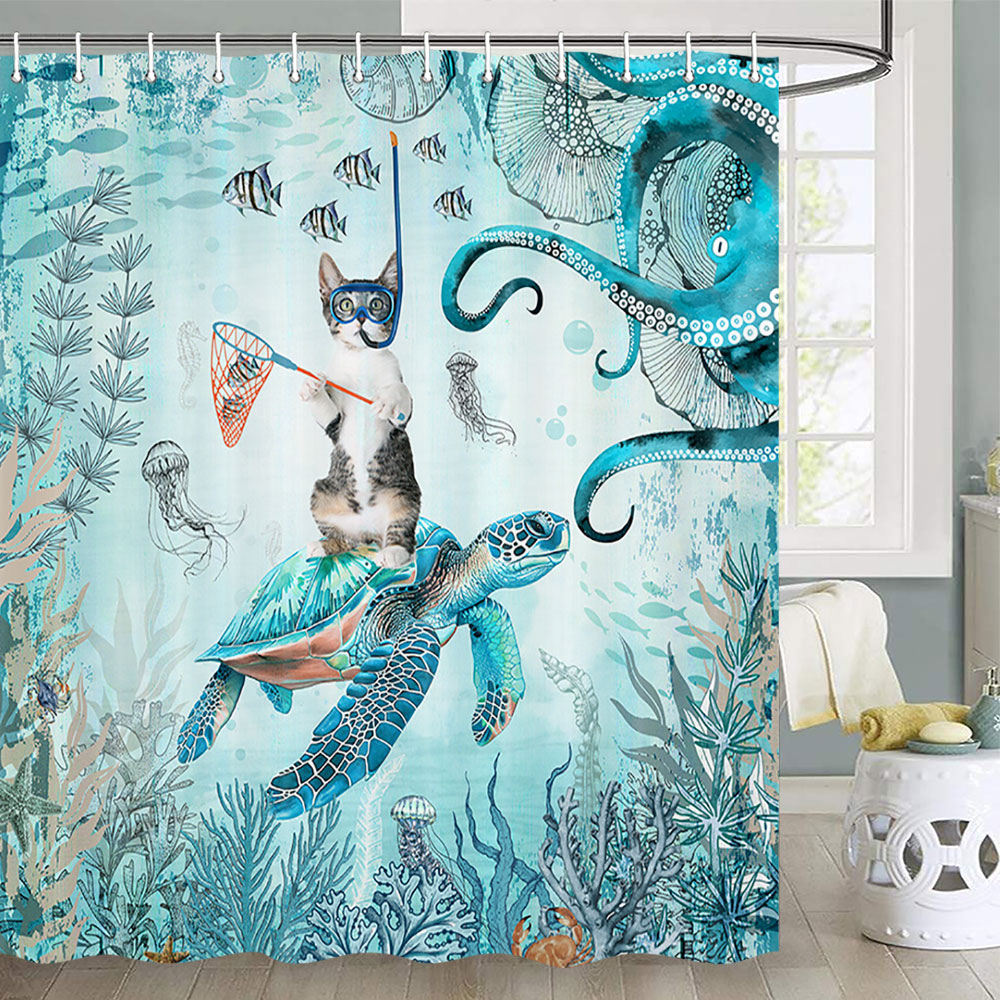 Sea Turtle Shower Curtain Blue Teal Ocean Octopus Shower Curtain ...