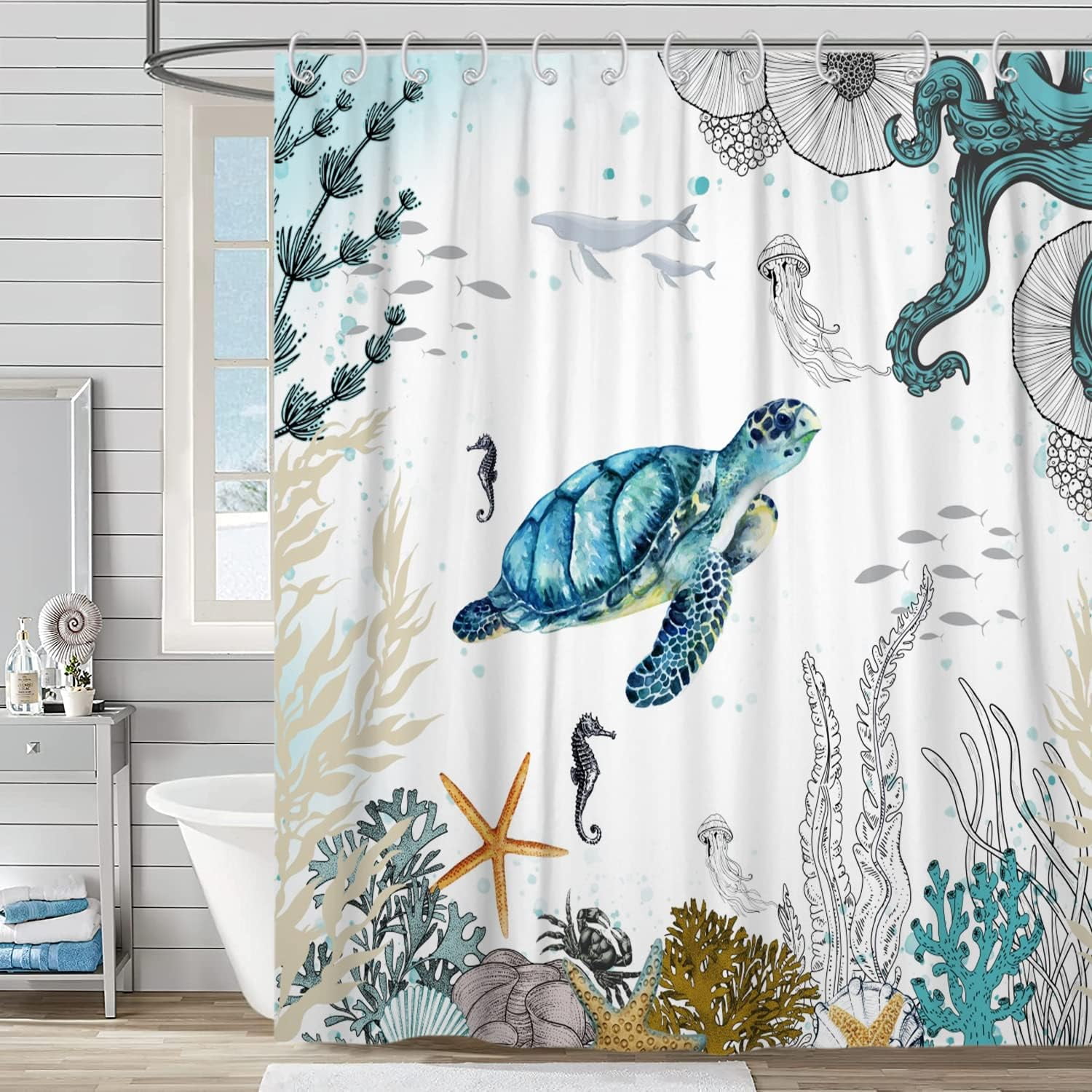 Sea Turtle Shower Curtain, Blue Teal Octopus Underwater Ocean Animal ...