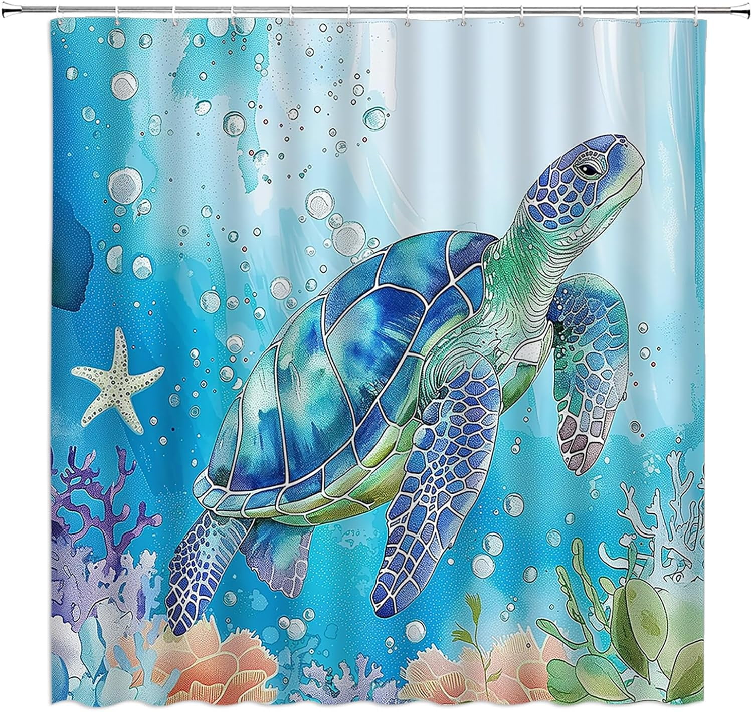 Sea Turtle Shower Curtain Blue Teal Underwater Wold Ocean Beach