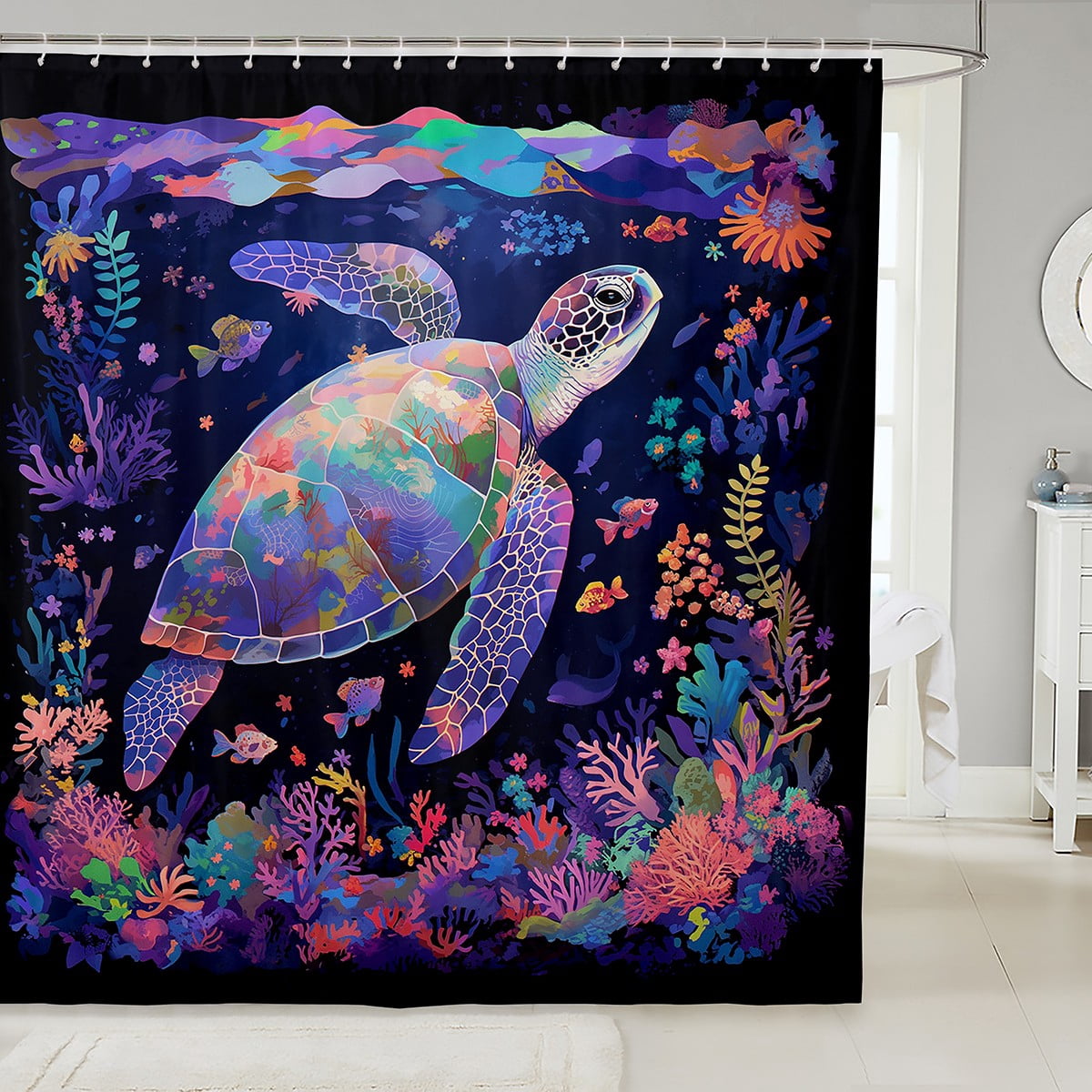 Sea Turtle Shower Curtain,Colorful Coral Fish Turtle Bathroom Set for ...