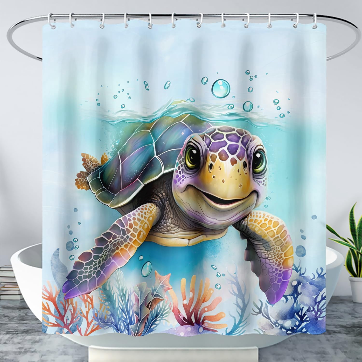 Sea Turtle Shower Curtain,Kawaii Sea Animal Turtle Bathroom Curtains ...