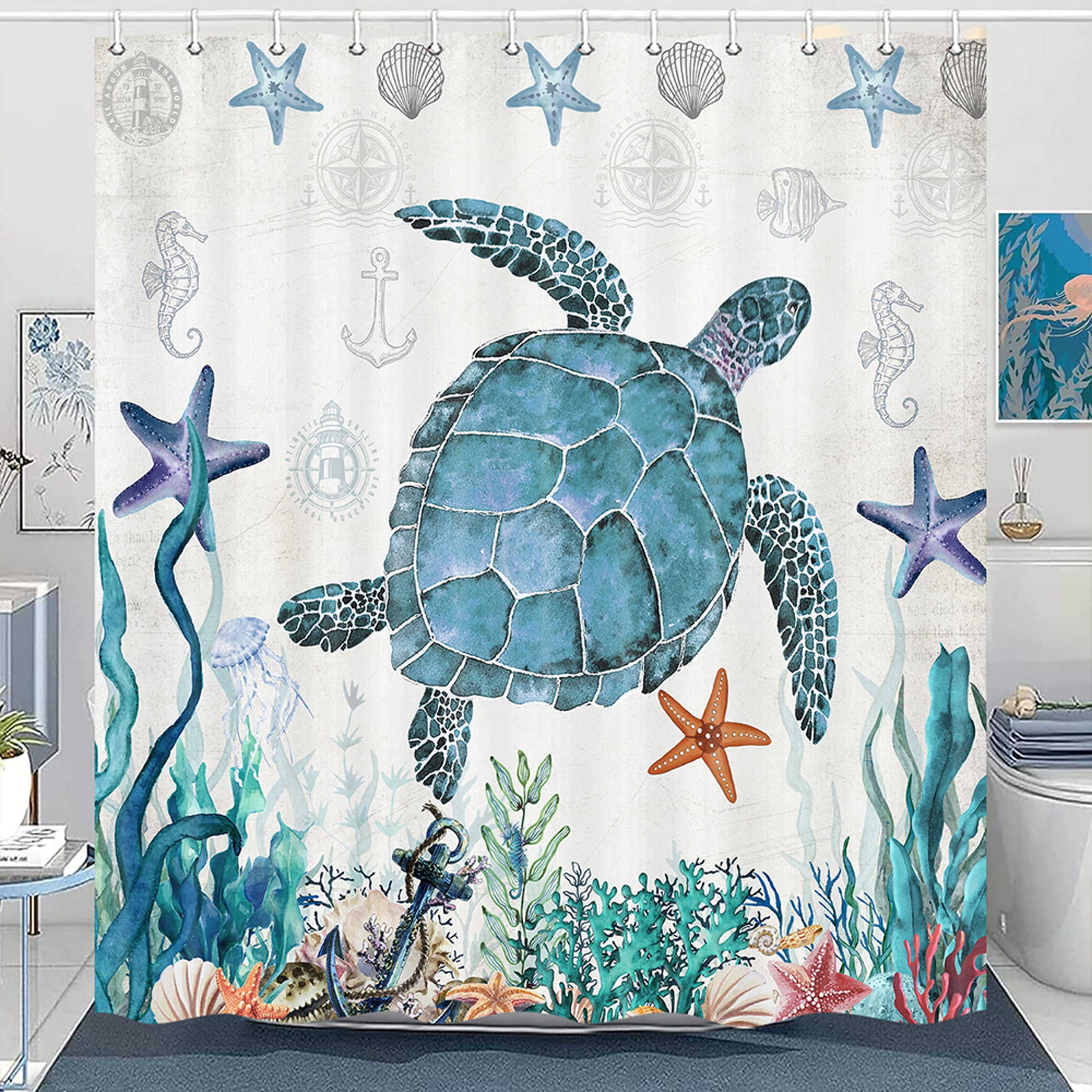 Sea Turtle Shower Curtain, Nautical Beach Theme Fabric Shower Curtain ...