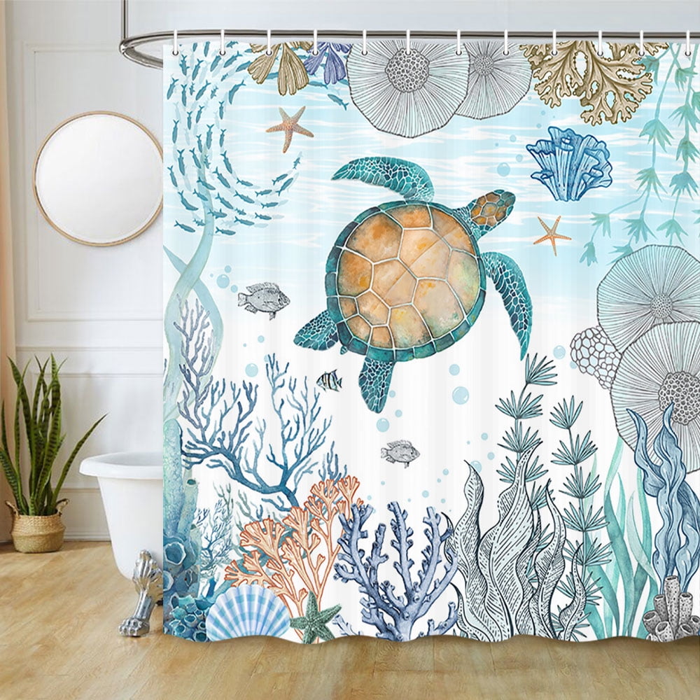 Sea Turtle Shower Curtain, Ocean Animal Starfish Seagrass Coral Reef ...