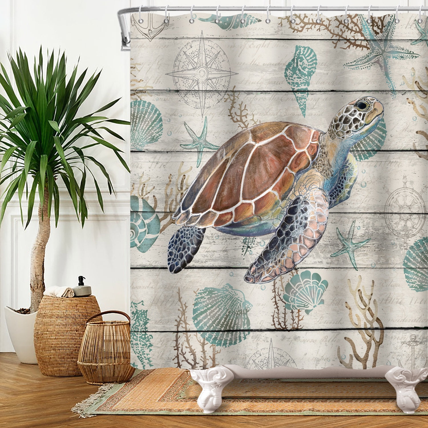 Sea Turtle Shower Curtain Ocean Beach Coral Star Conch Fish Fabric ...