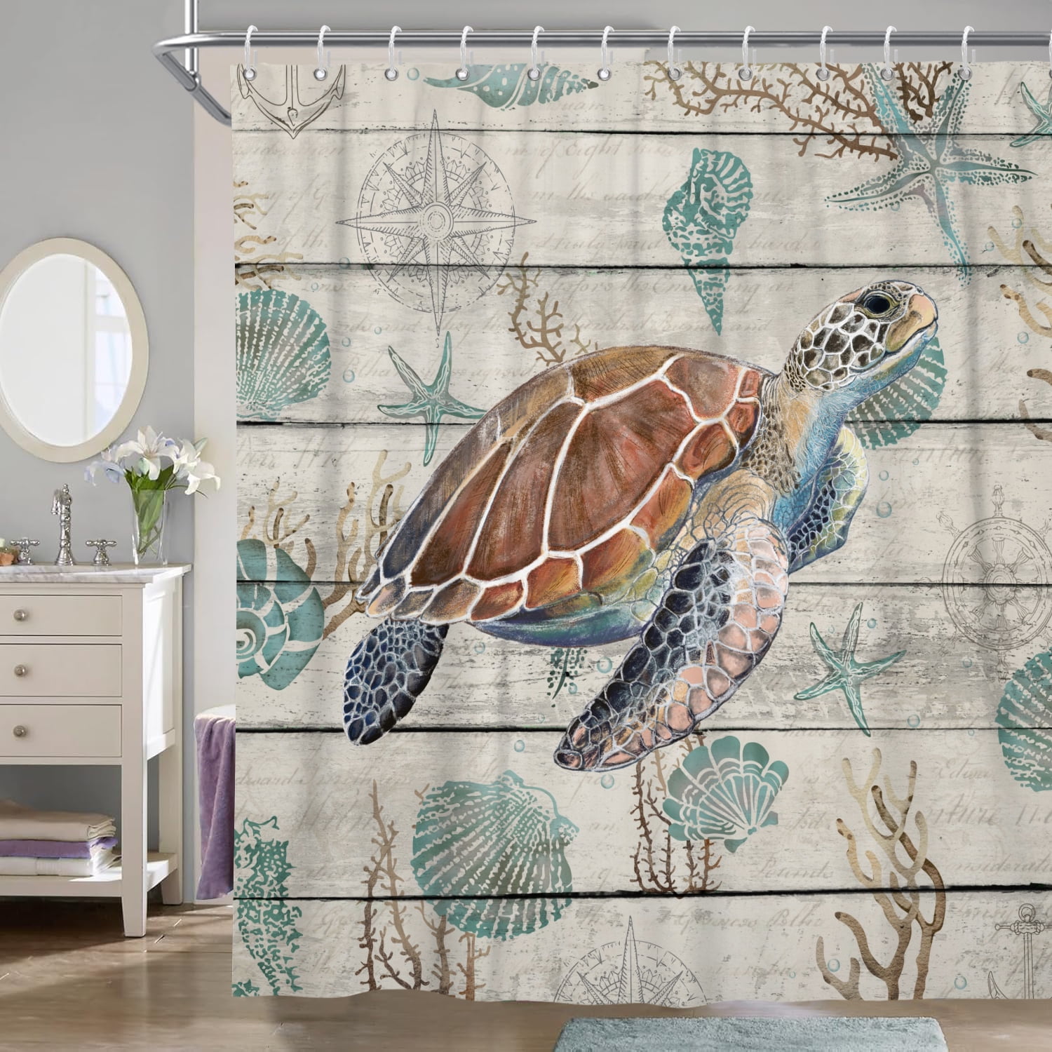 Sea Turtle Shower Curtain Ocean Beach Coral Star Conch Fish Fabric ...