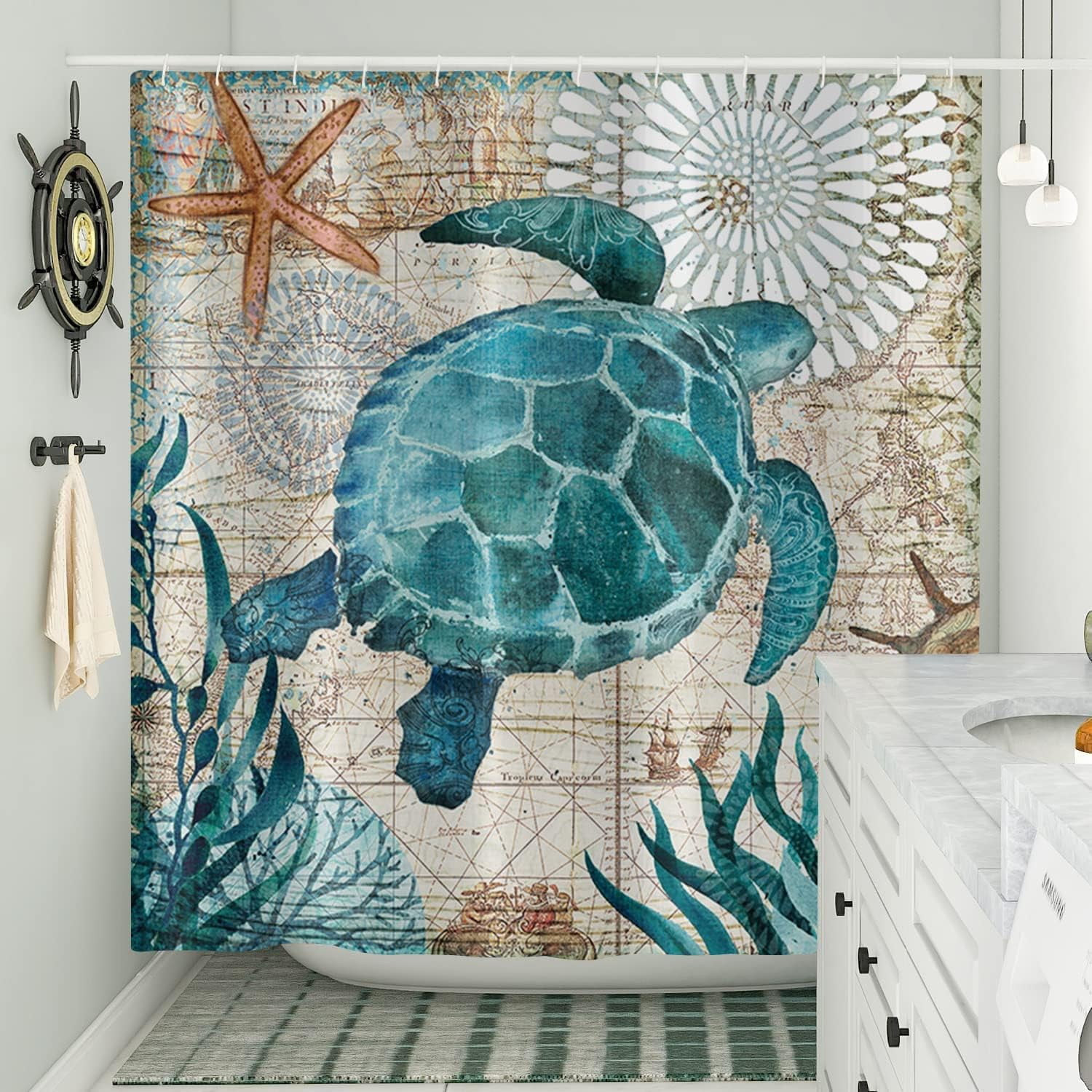 Sea Turtle Shower Curtain, Ocean Creatures Starfish Coral Vintage ...